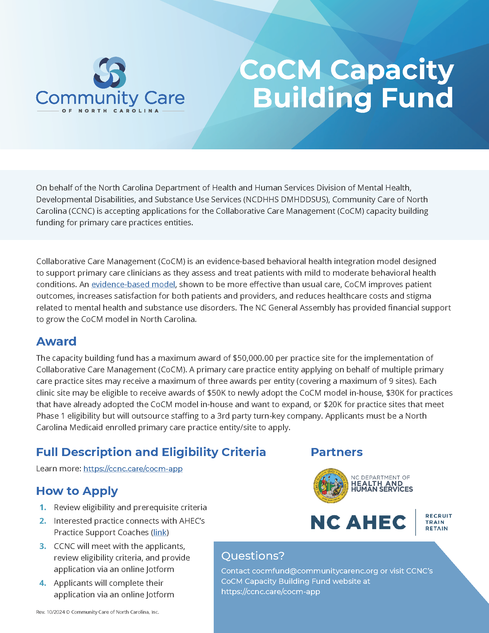 Collaborative Care Management (CoCM) Capacity Building Fund Application | Community Care of ...